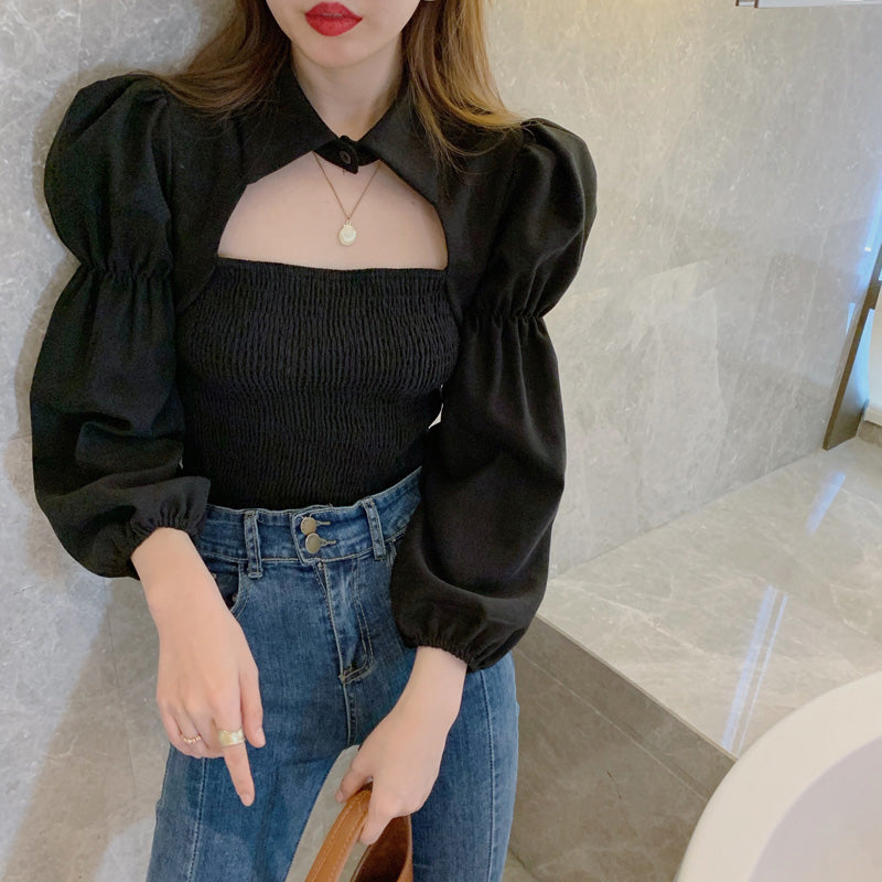 Long Sleeve Hollow Out Puff Sleeve Blouse Shirt Tomscloth