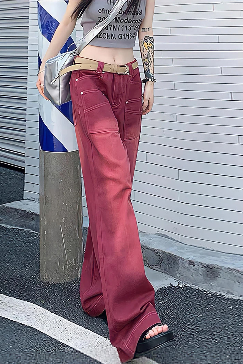 High Waist Retro Washed Red Denim Jeans Pants – Tomscloth