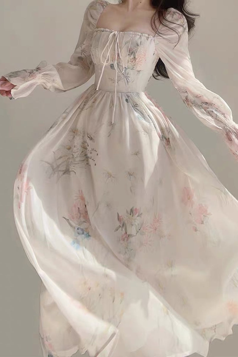Long Sleeve French Style Elegant Floral Dress Tomscloth
