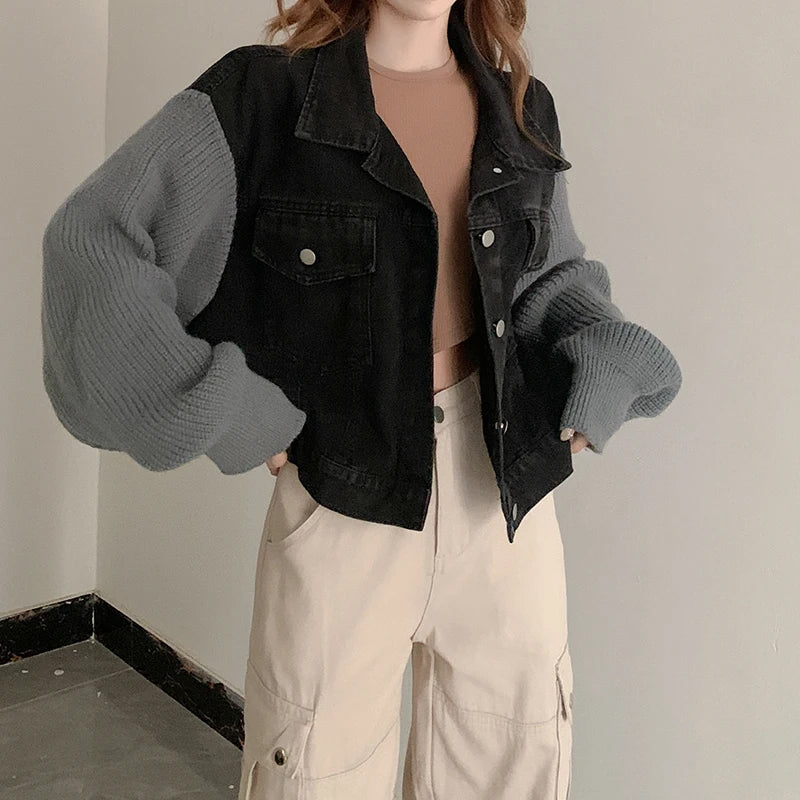 Long Sleeve Knitted Combination Black Denim Jacket – Tomscloth