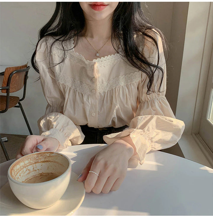 Long Puff Sleeve Square Collar Lace Blouse Shirt Tomscloth