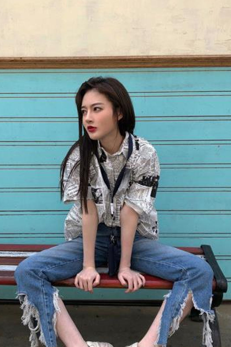 Newspaper Pattern Short Sleeve Casual Blouse Shirt – Tomscloth