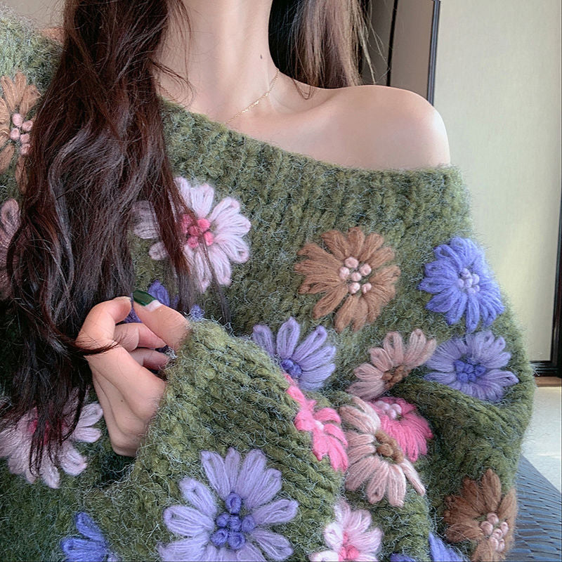 Sexy Strapless Flower Embroidery Knitted Sweater – Tomscloth