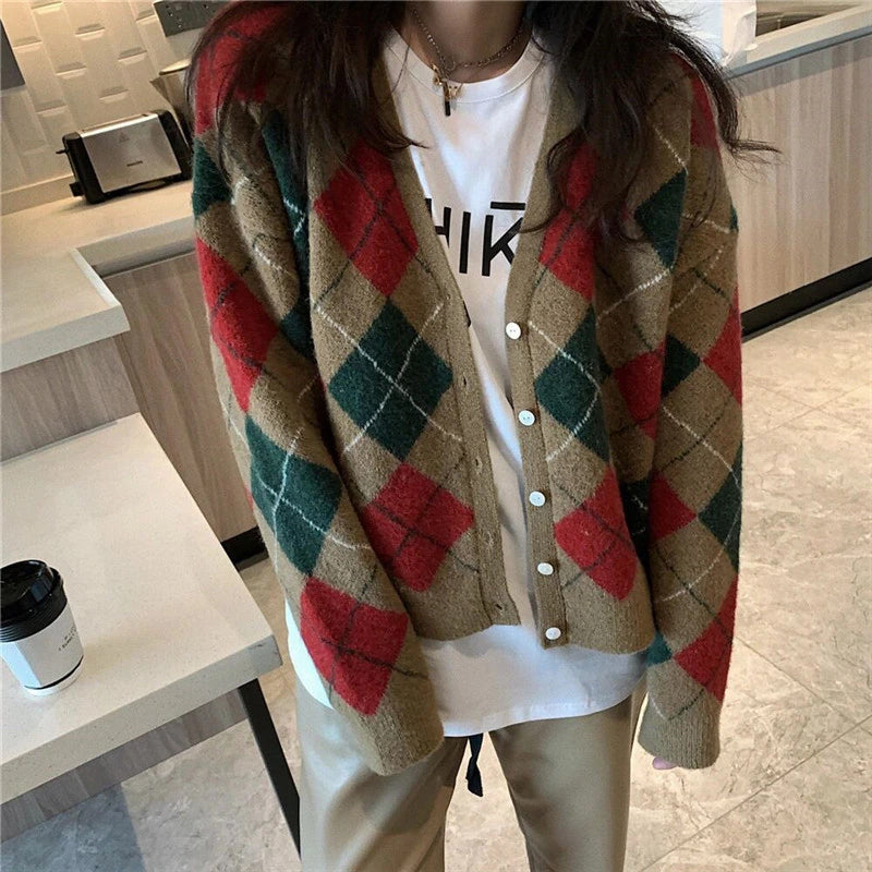 Geometric Diamond Pattern Knitted Cardigan Sweater – Tomscloth