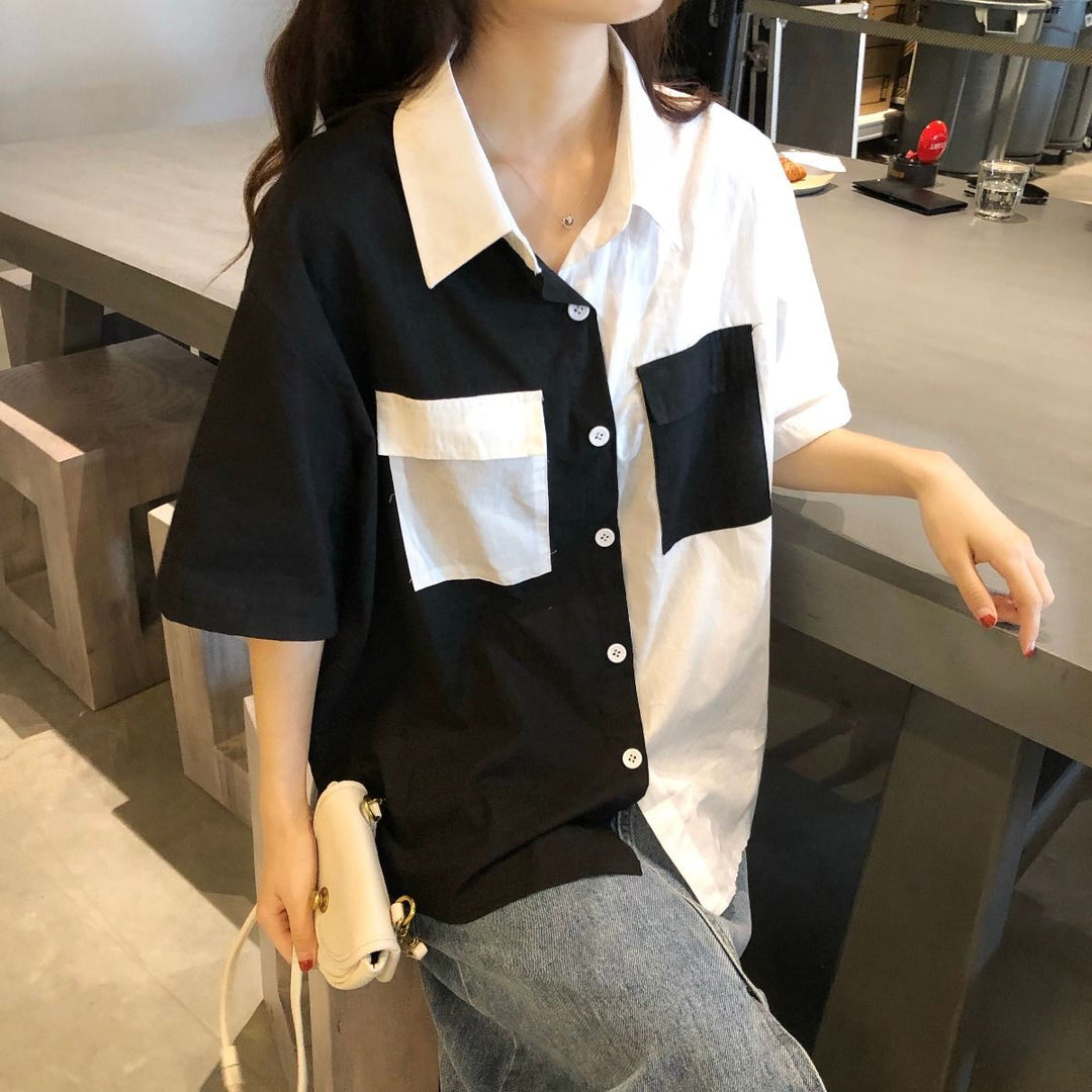 Short Sleeve 2 Colors Combination Blouse Shirt – Tomscloth