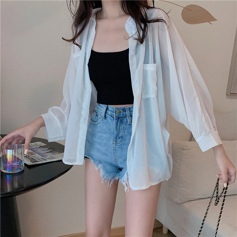 Long Sleeve White Transparent Sexy Shirt – Tomscloth