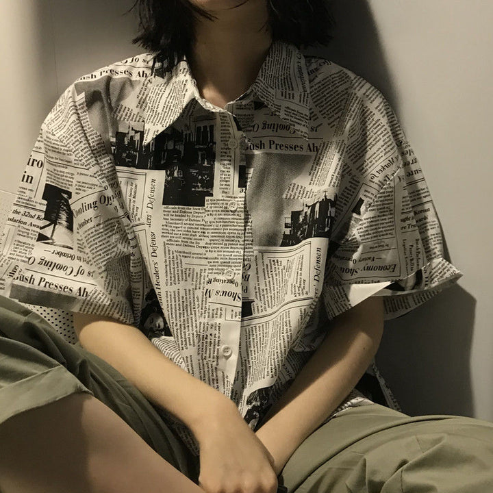 Newspaper Pattern Short Sleeve Casual Blouse Shirt – Tomscloth