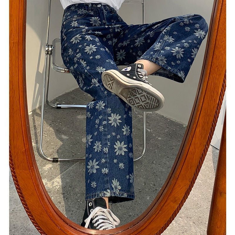 Sunflower Printed Wide Leg Denim Jeans Pants – Tomscloth