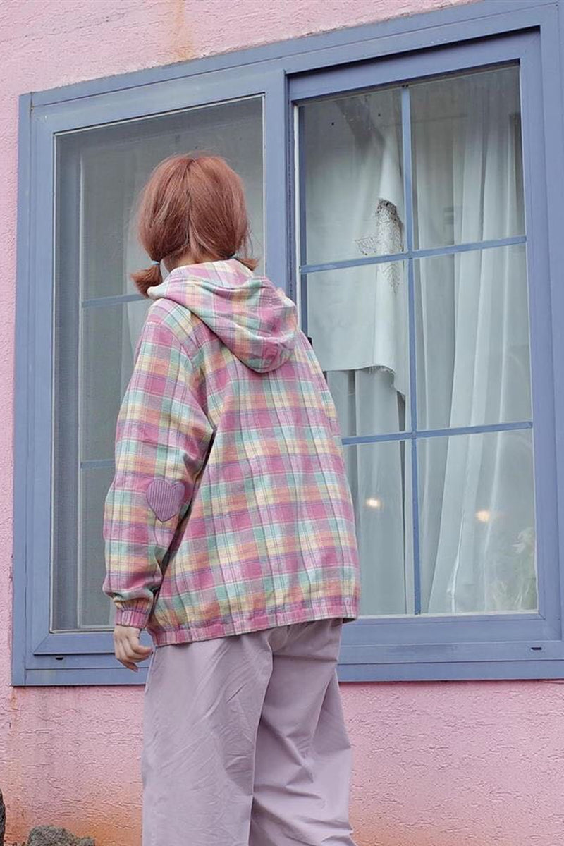 Pastel Pink Plaid Zipper Hooded Jacket – Tomscloth