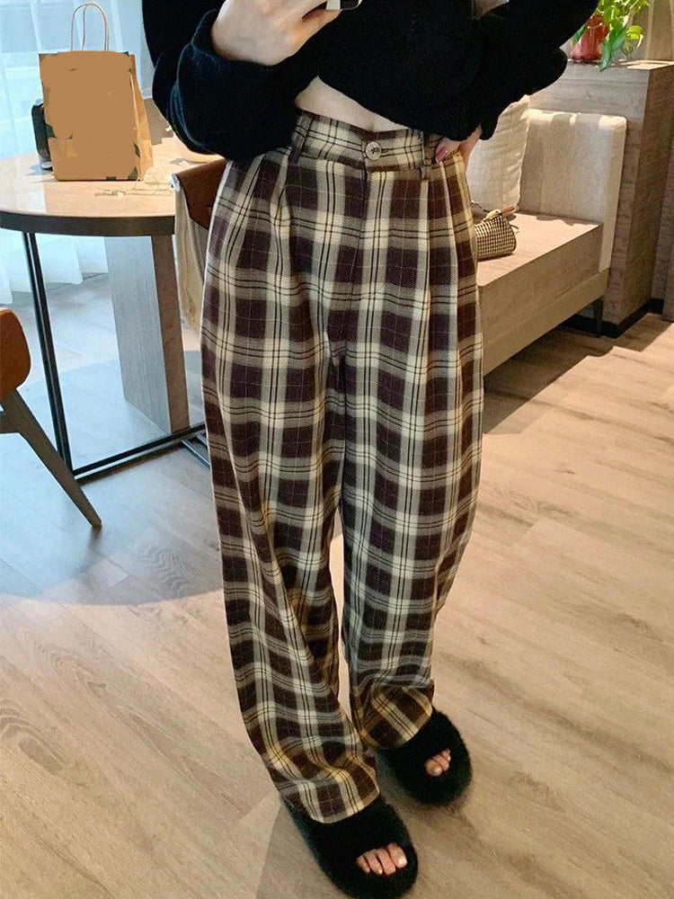 High Waist Vintage Brown Plaid Long Pants – Tomscloth