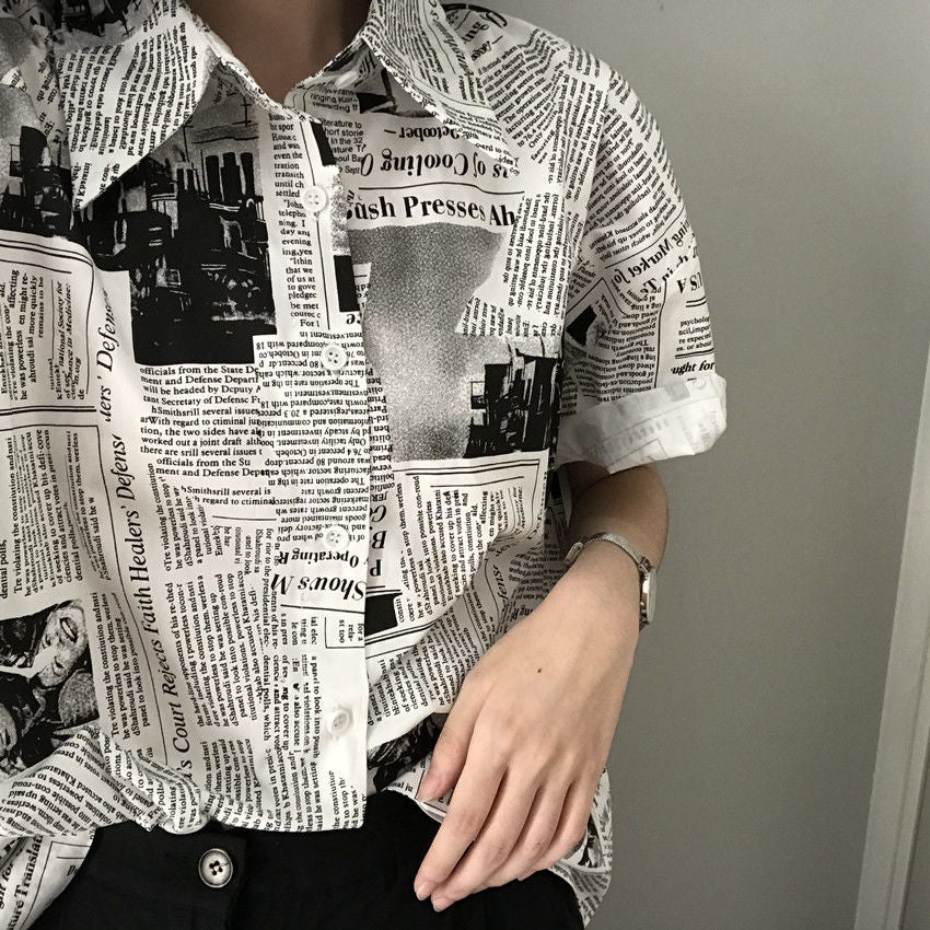 Newspaper Pattern Short Sleeve Casual Blouse Shirt – Tomscloth