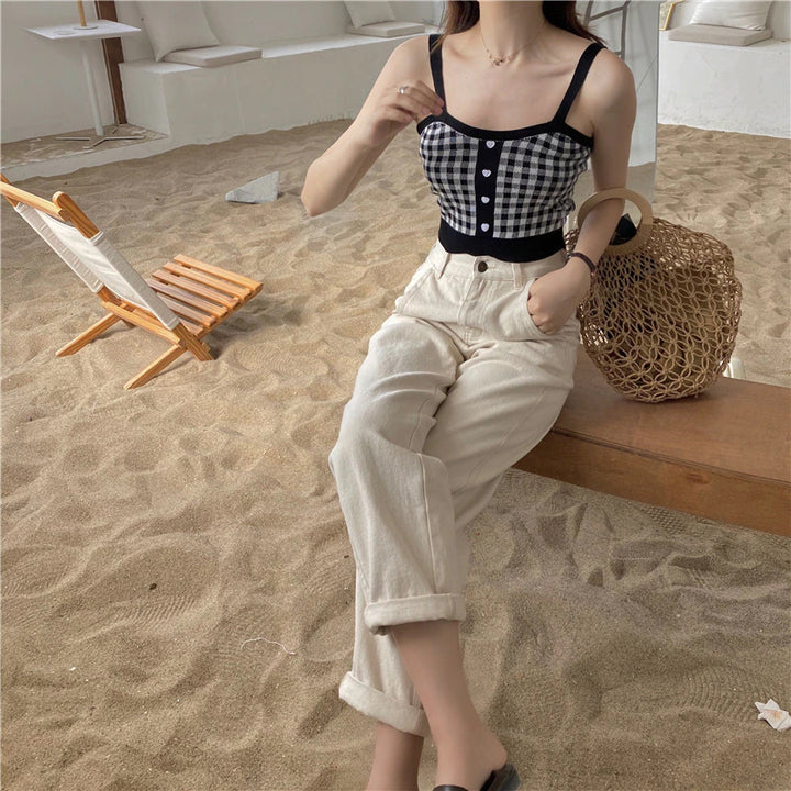 Plaid Knitted Spaghetti Straps Camisole Crop Tops – Tomscloth