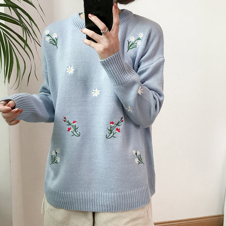 Little Flower Embroidery Knitted Sweater – Tomscloth